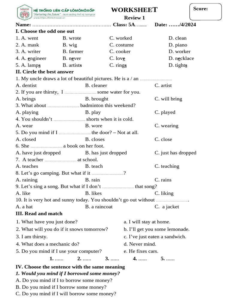 SM5_Phiếu ôn Review 1 | PDF