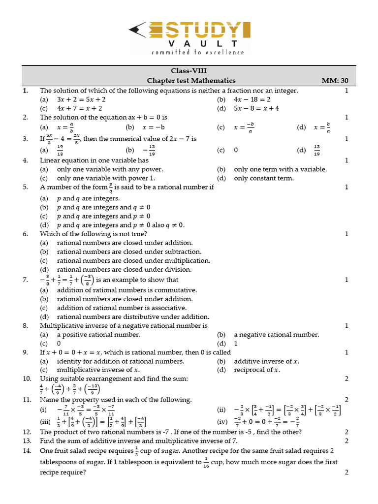 VIII Chapter Test Mathematics | PDF | Numbers | Equations