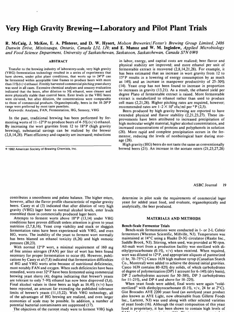 Very High Gravity Brewing Trials | PDF | Brewing | Beer