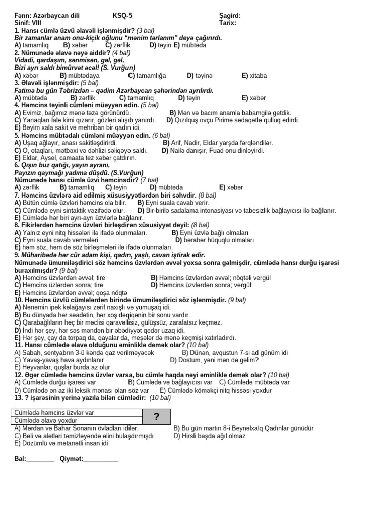 8-ci sinif Az dili ksq5 | PDF