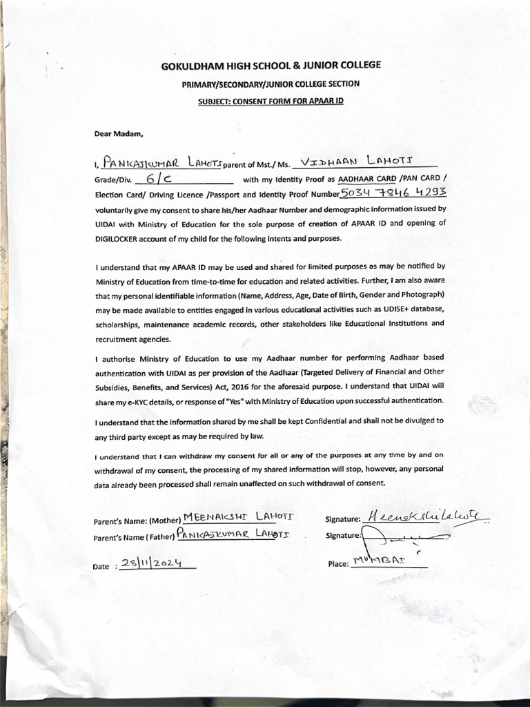 APAAR ID Consent Form | PDF