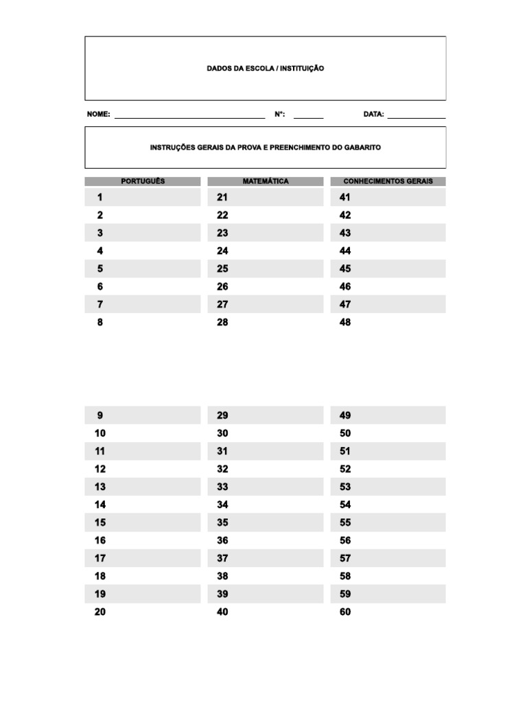 Modelo de Gabarito 60 Questoes | PDF