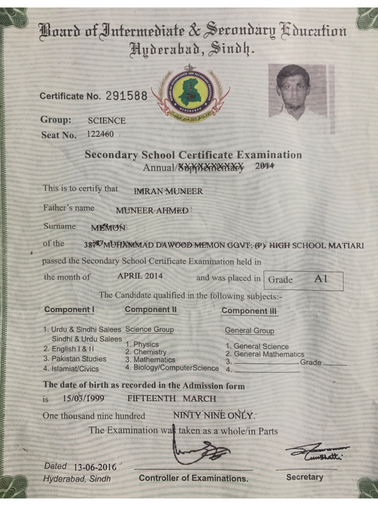 Matric Certificate | PDF