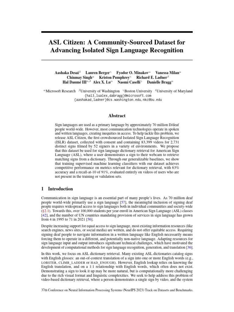 ASL Citizen: Crowdsourced ISLR Dataset | PDF | American Sign Language ...