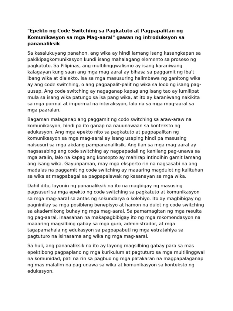Epekto NG Code Switching Sa Pagkatuto at Pagpapalitan NG Komunikasyon Sa Mga Mag | PDF