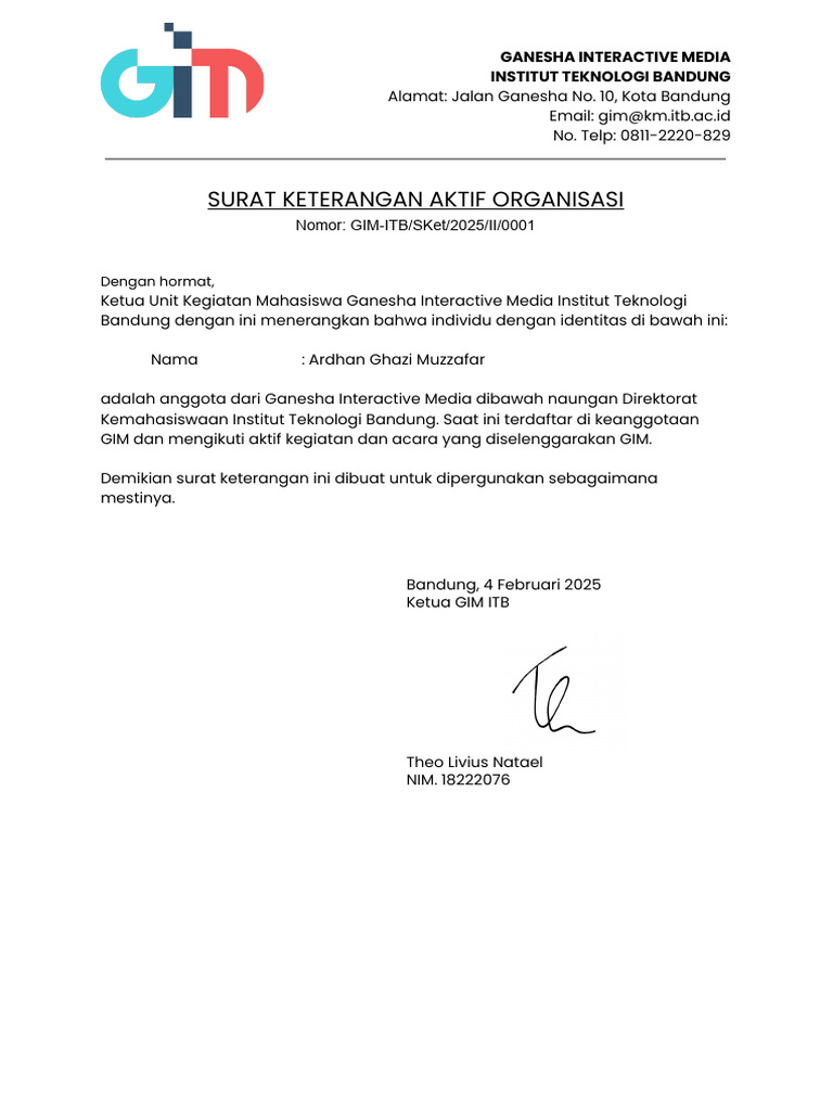 Surat Aktif Anggota Ardhan Ghazi Muzzafar (1) | PDF