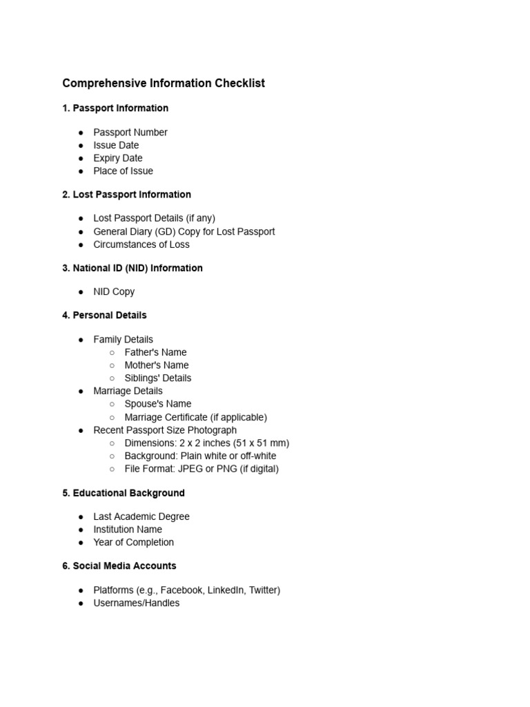 Comprehensive Information Checklist - USA | PDF