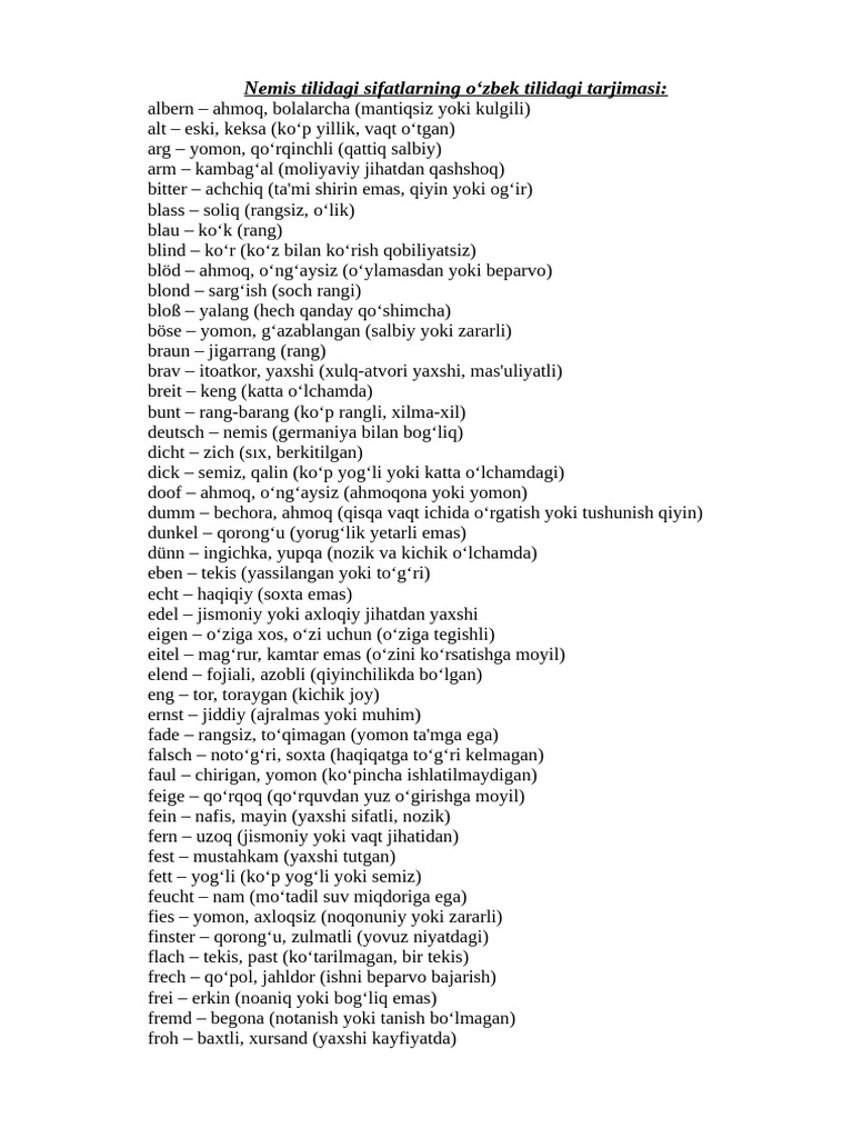 Nemis Tilidagi Sifatlarning o Zbek Tilidagi Tarjimasi | PDF
