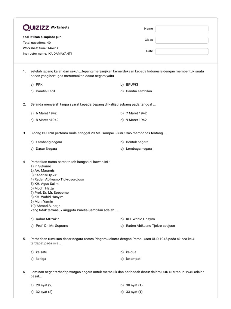 Soal Latihan Olimpiade PKN - Quizizz | PDF