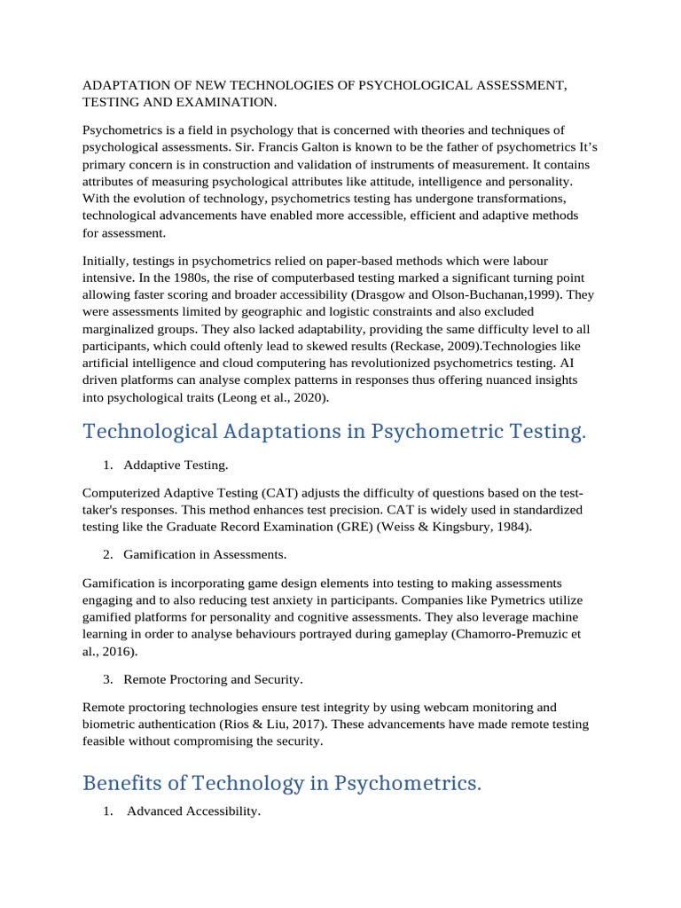 ADAPTATION OF NEW TECHNOLOGIES OF PSYCHOLOGICAL ASSESSMENT | PDF ...