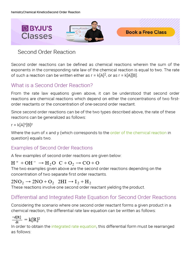 Second Order Reaction - Definition and Derivation For Rate Law and Half Life | PDF | Reaction ...