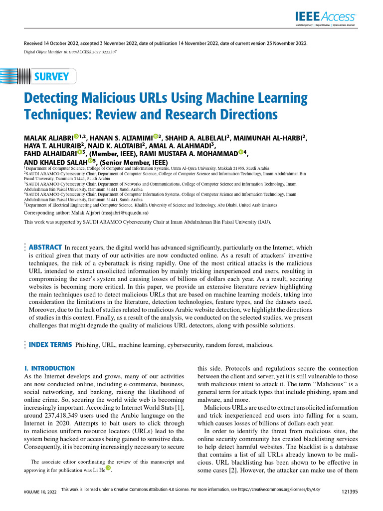 Detecting Malicious URLs Using Machine Learning Techniques Review and Research Directions (1) (1 ...
