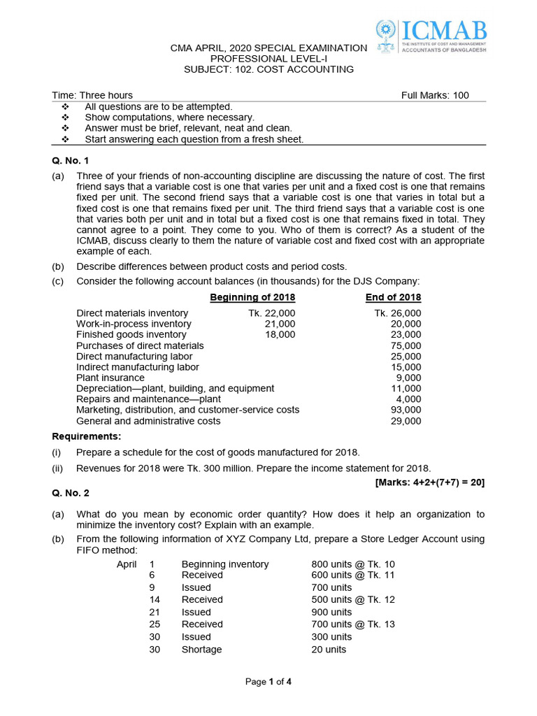 Question-CMA-April-2020-Exam | PDF | Inventory | Cost Accounting