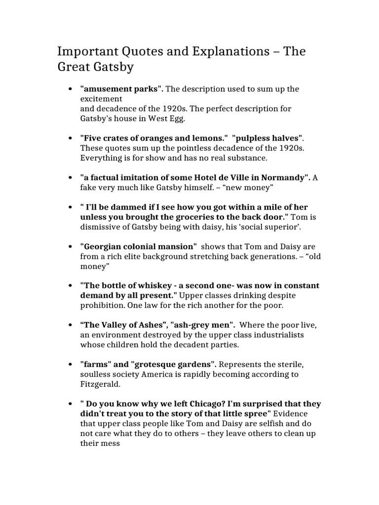 Important Quotes and Explanations - The Great Gatsby | PDF | The Great ...