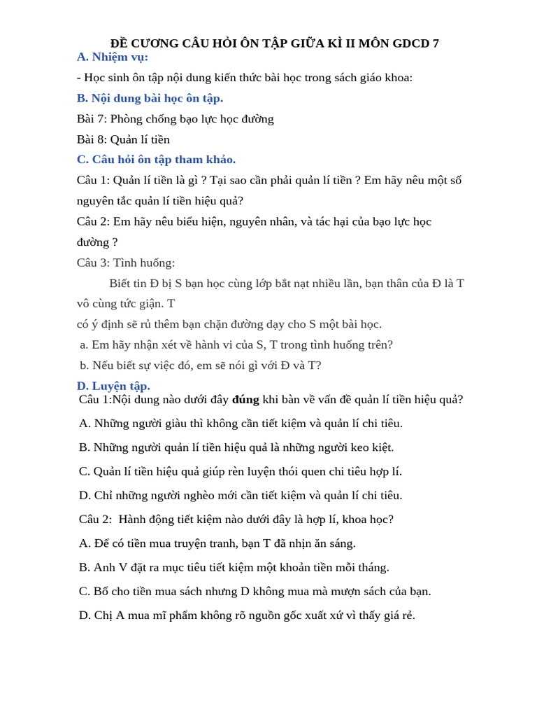 2025, CH A Đê Cương Gi A Kì GDCD 7. 2024-2025 | PDF