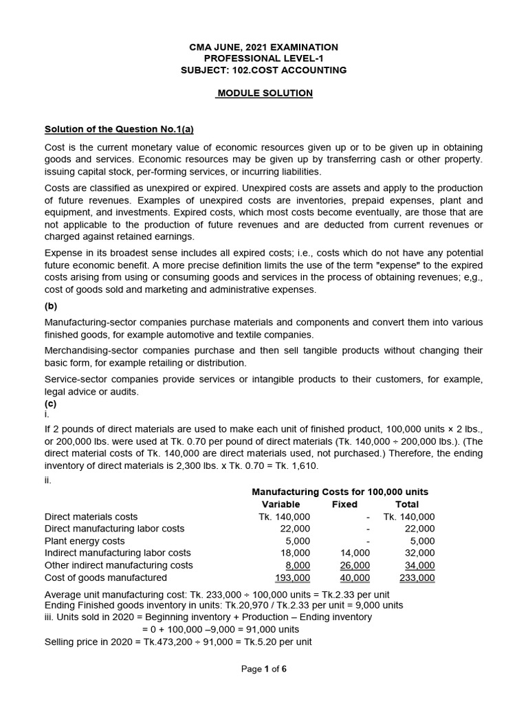102.-COA-PL-I-Solution-CMA-June-2021-Exam. | PDF | Cost Of Goods Sold | Inventory