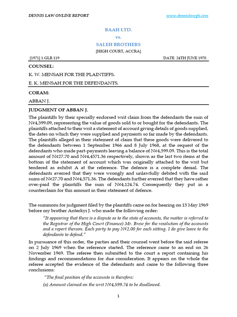 High Court Judgment: Baah Ltd. vs. Saleh Brothers | PDF | Letter Of ...