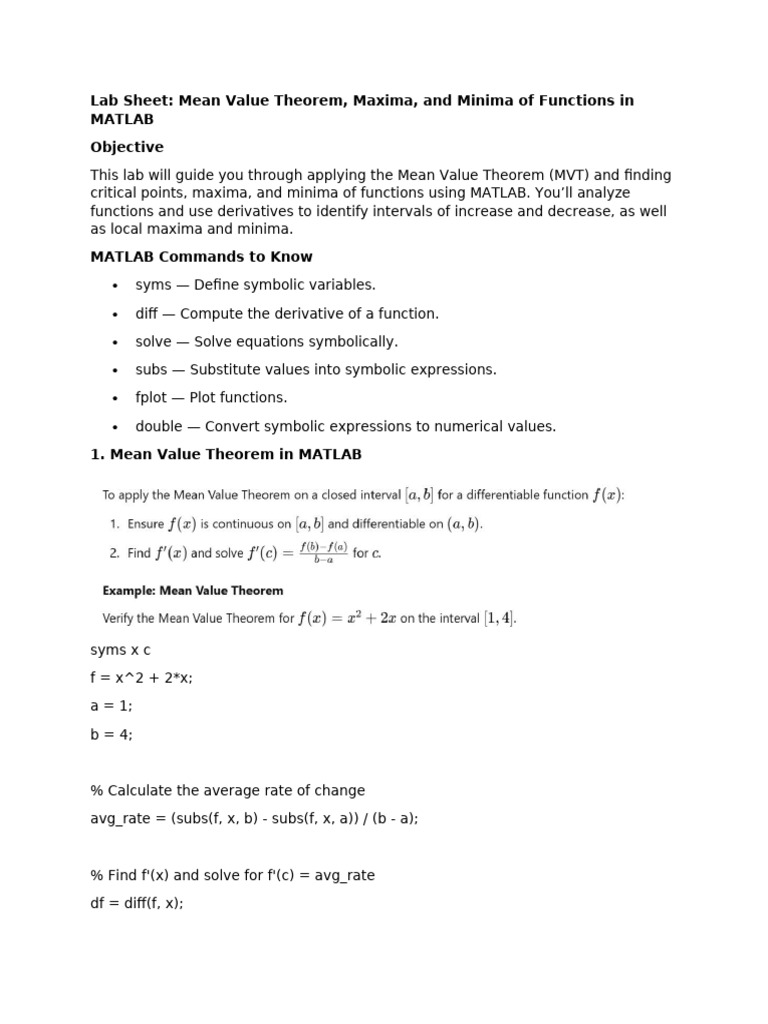 Labsheet 6 (Mean Value Theorem, Maxima and Minima) | PDF