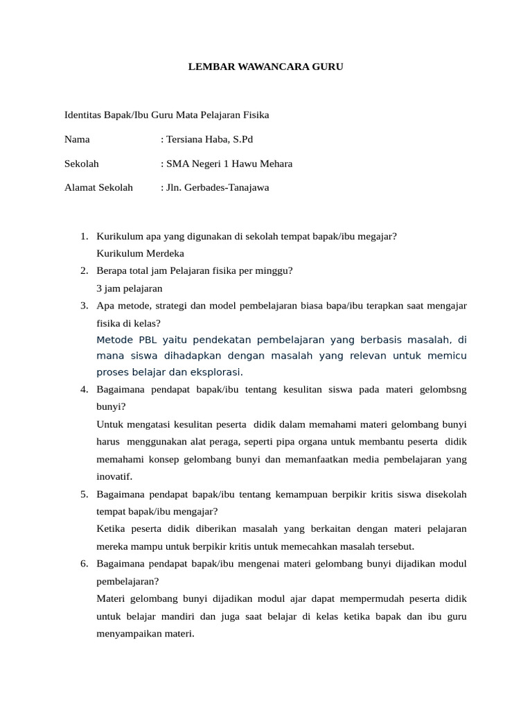LEMBAR WAWANCARA GURU | PDF