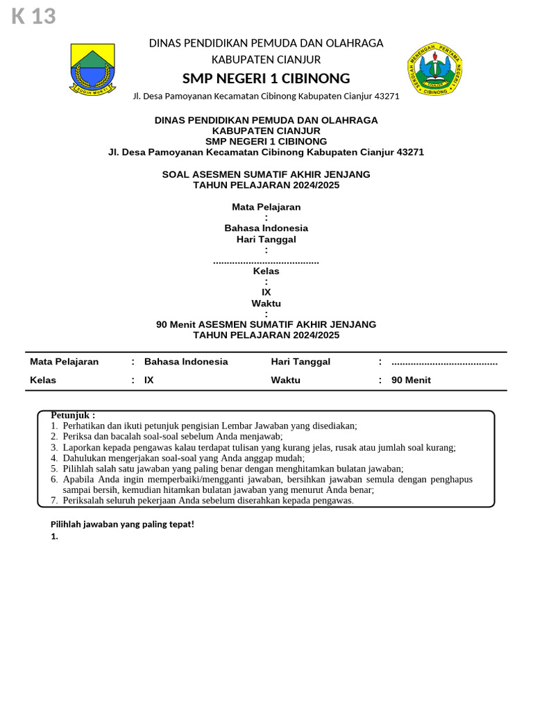 Template soal ASAJ TP 2024 2025 | PDF