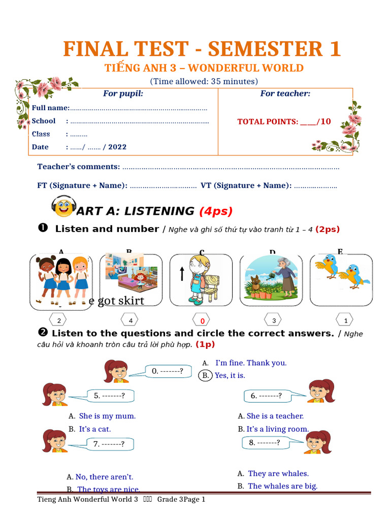 Grade 3 English Semester 1 Test | PDF