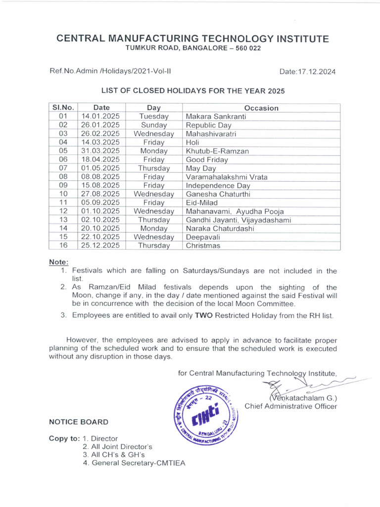 CMTI Holiday List 2025 | PDF