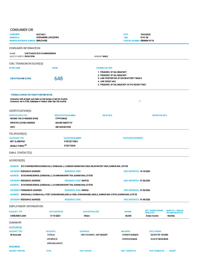 Cibil - Consumer Information Report | PDF | Loans | Credit