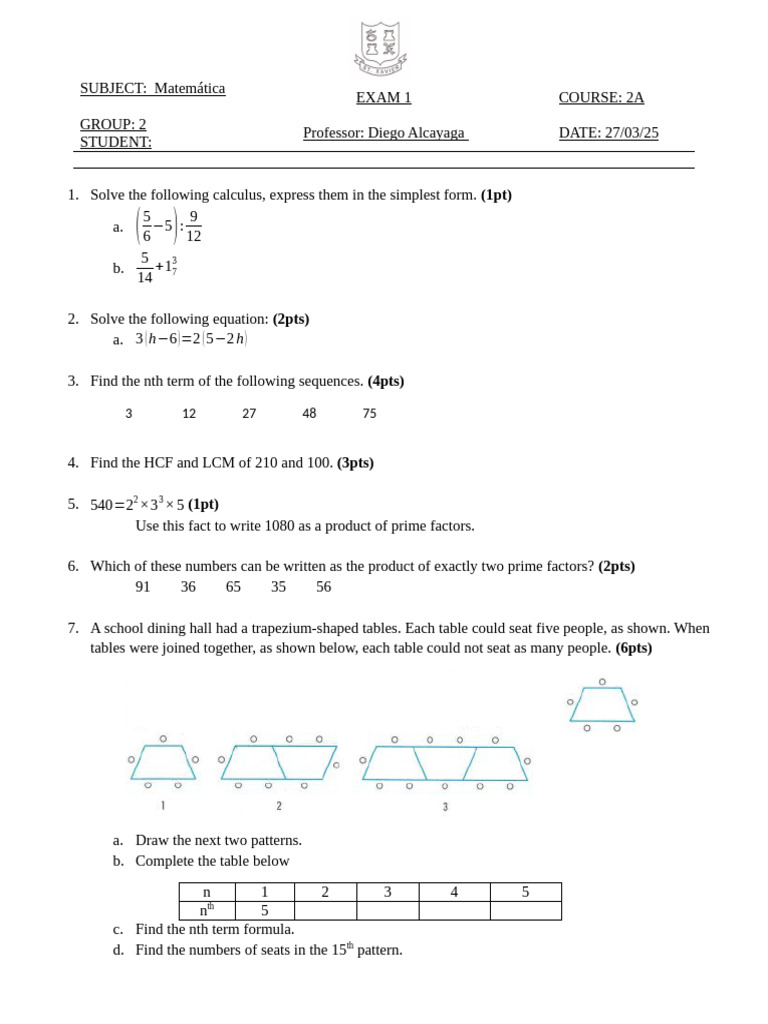 Mathematics Exam 1: Calculus & Sequences | PDF