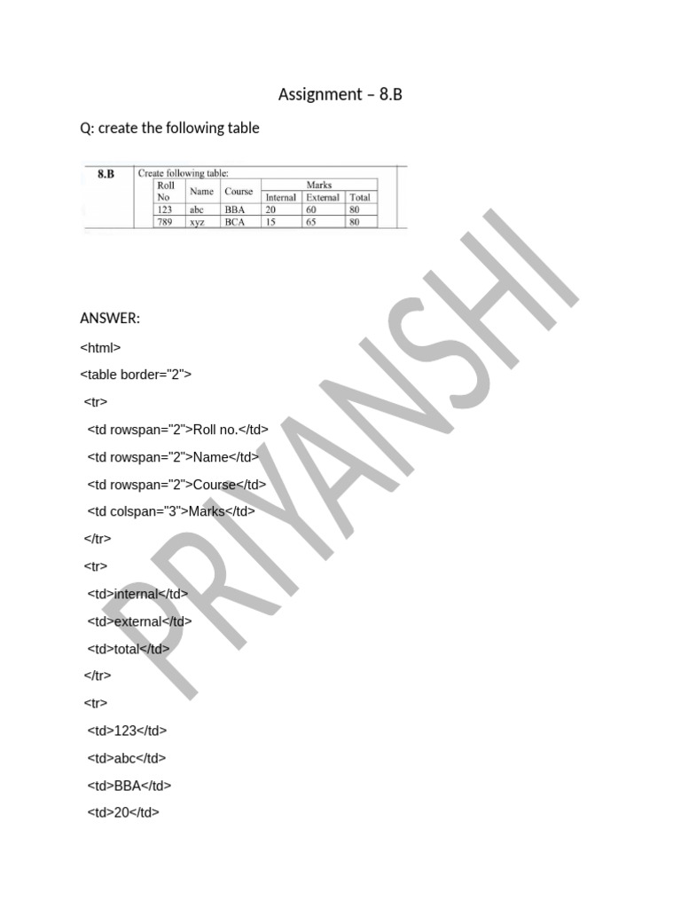 HTML Table for Student Marks Data | PDF