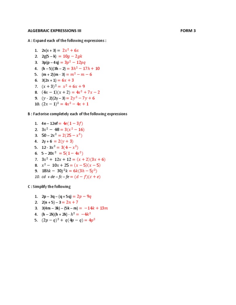 Algebraic Expressions Practice Exercises | PDF