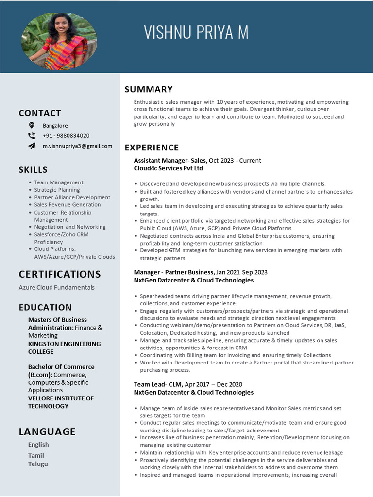 Naukri VishnuPriya (10y 0m) 1 | PDF | Sales | Customer Relationship Management