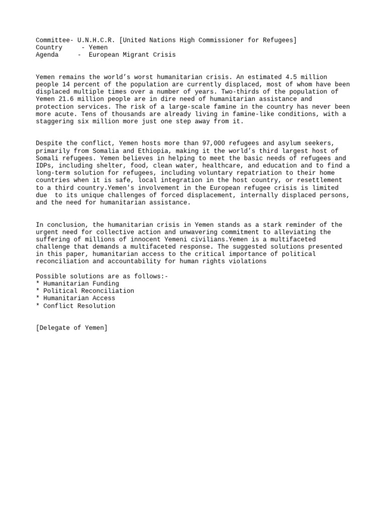 Position Paper Yemen (UNHCR) | PDF