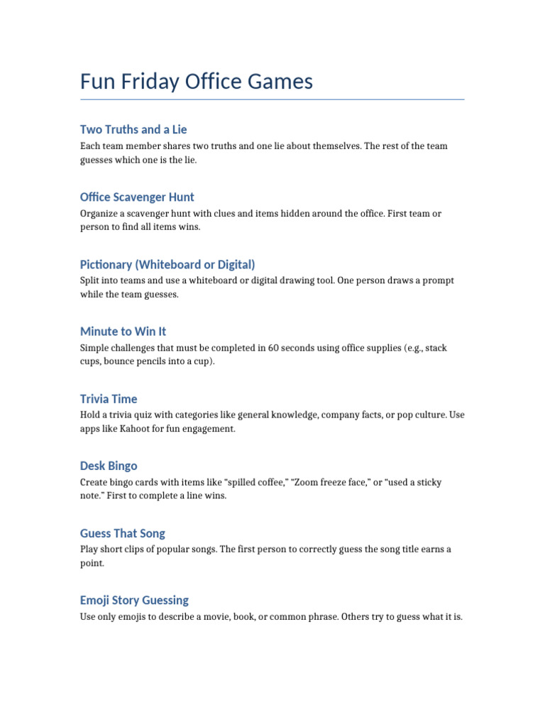 Engaging Fun Friday Office Games | PDF