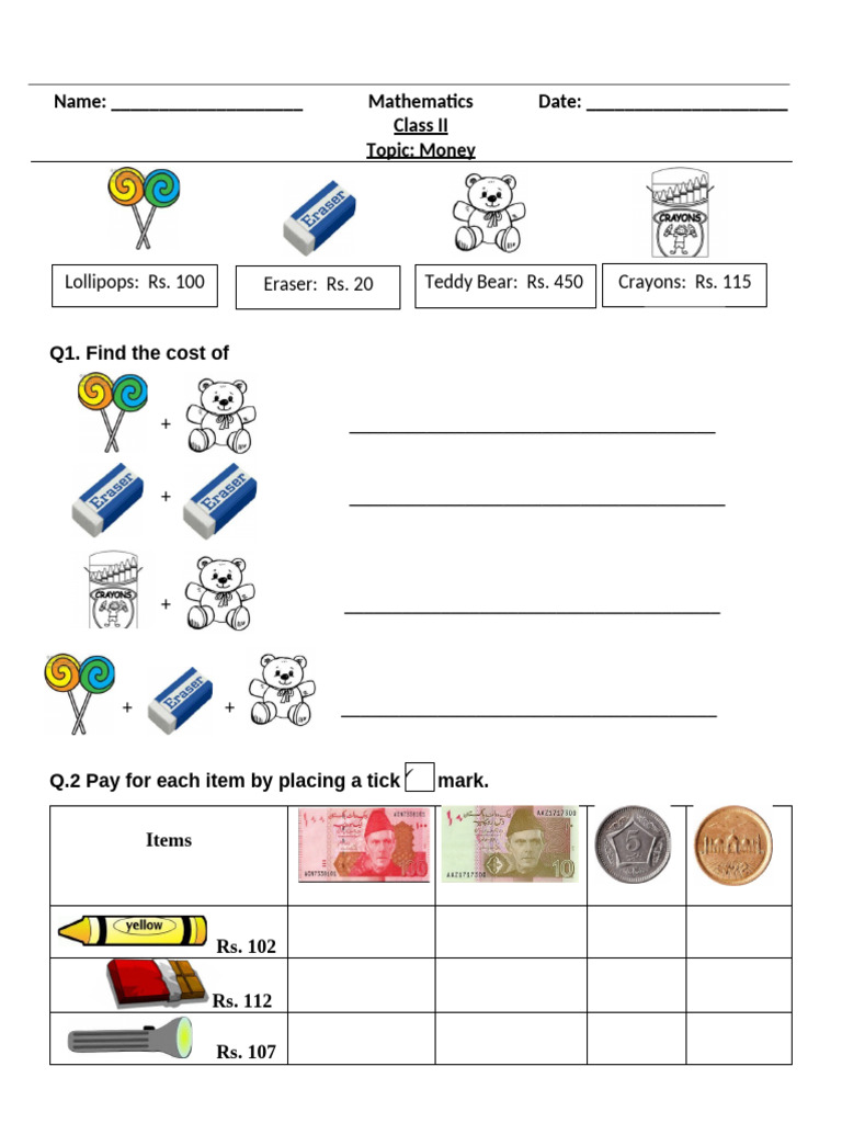 Class II Mathematics: Money Exercises | PDF