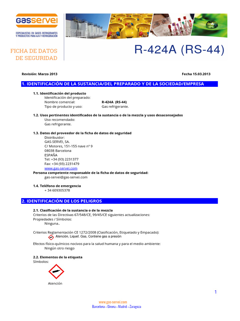 21 Ficha Seguridad R424A RS44 | PDF | Agua | Química