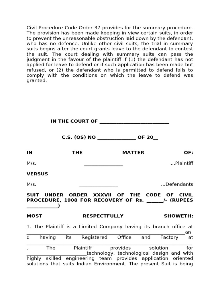 Civil Procedure Code Order 37 Provides For The Summary Procedure | PDF ...