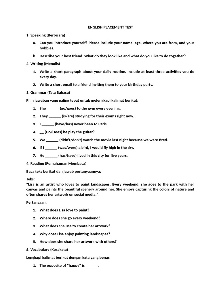 ENGLISH PLACEMENT TEST | PDF