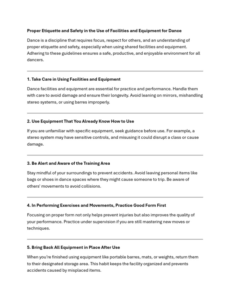 Dance Facility Etiquette and Safety Guide | PDF | Dances