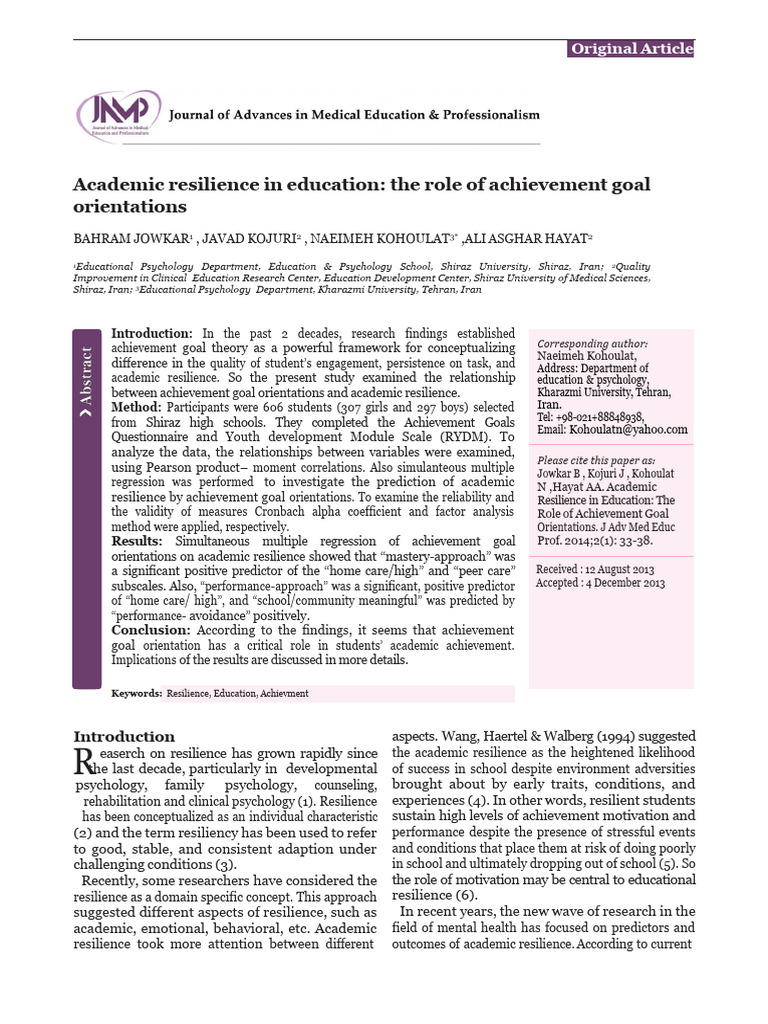 Achievement Goals and Academic Resilience | PDF | Psychological ...
