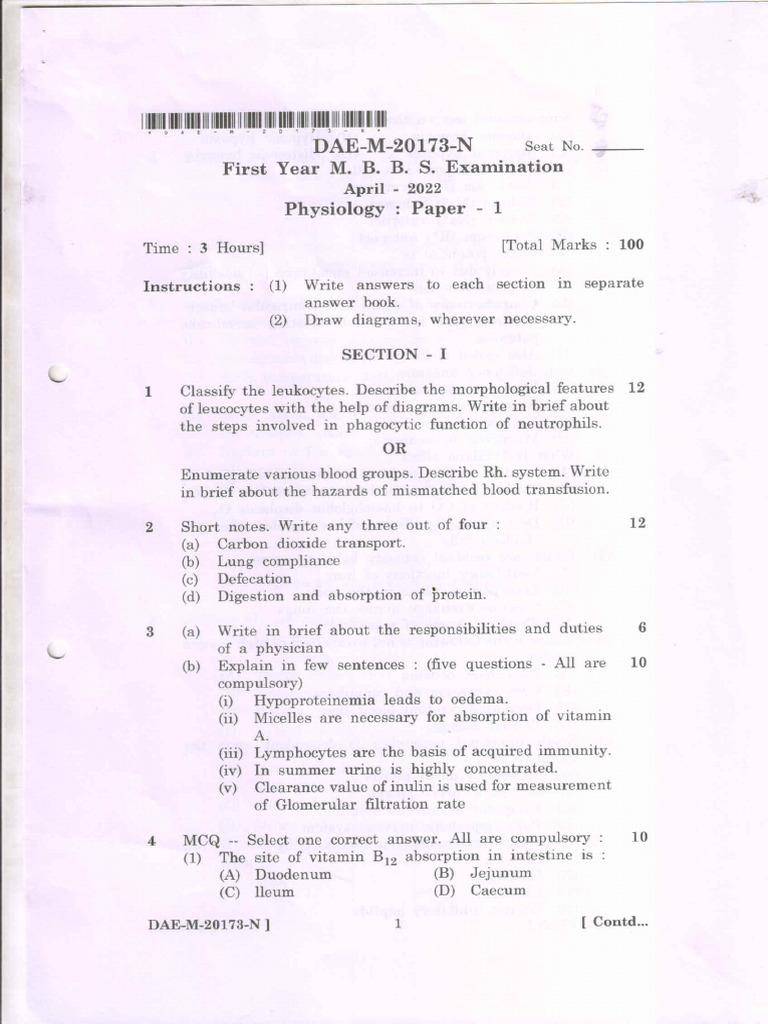 2022 April Paper 1 Physiology | PDF