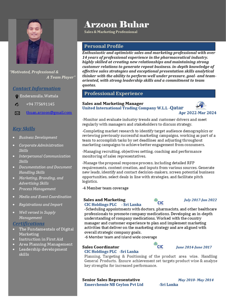Arzoon Buhar CV-Sales Manager | PDF | Marketing | Sales