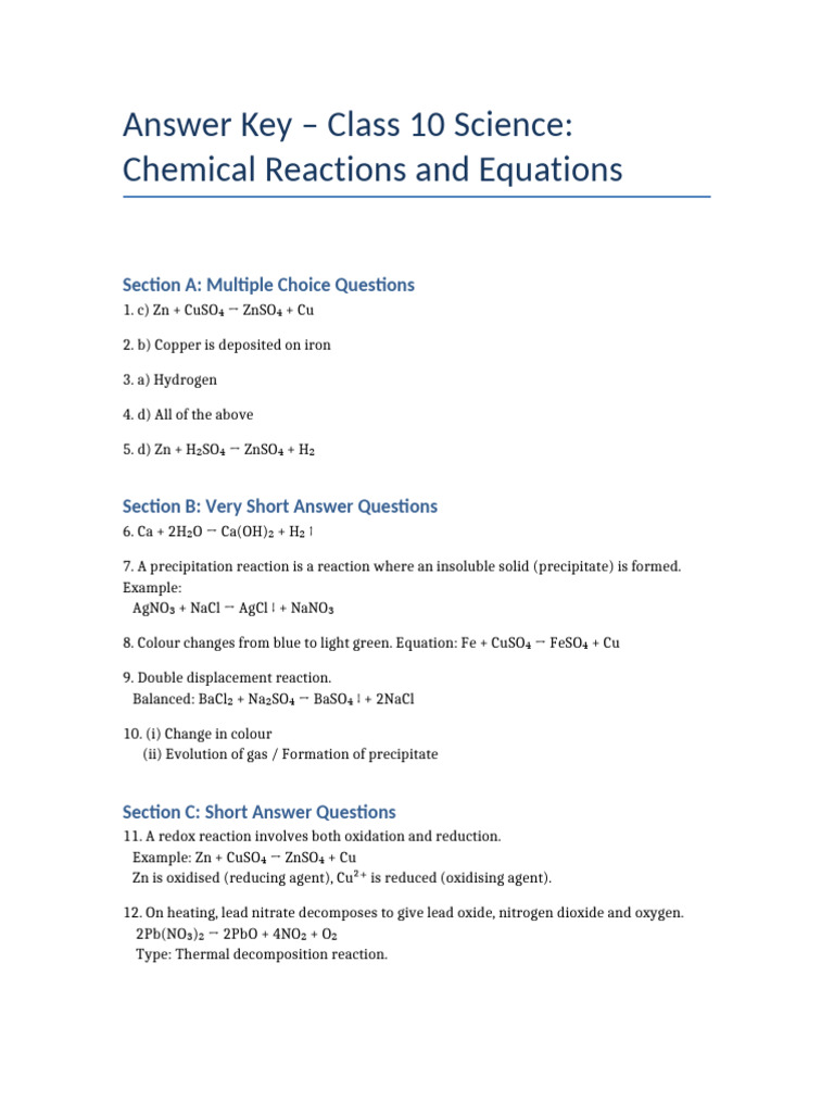 Class_10_Chemical_Reactions_Answer_Key | PDF
