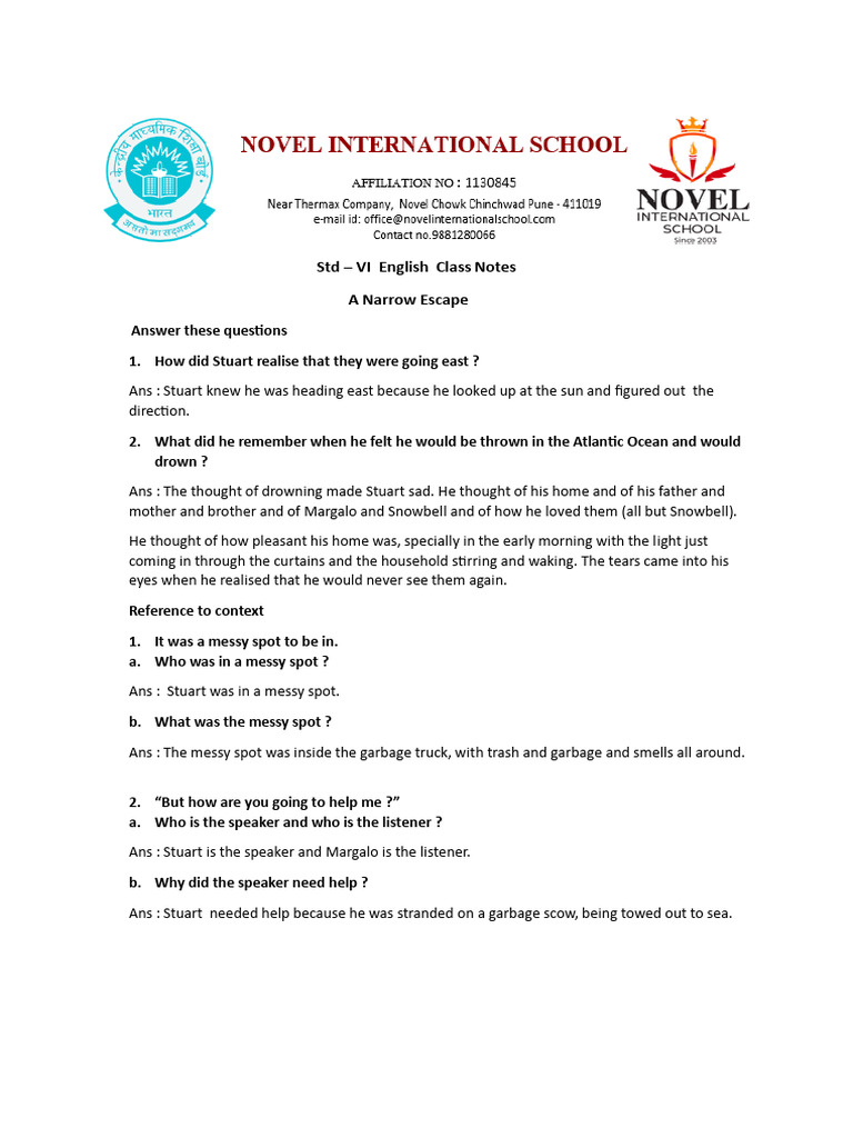 A Narrow Escape: Class 6 Summary | PDF