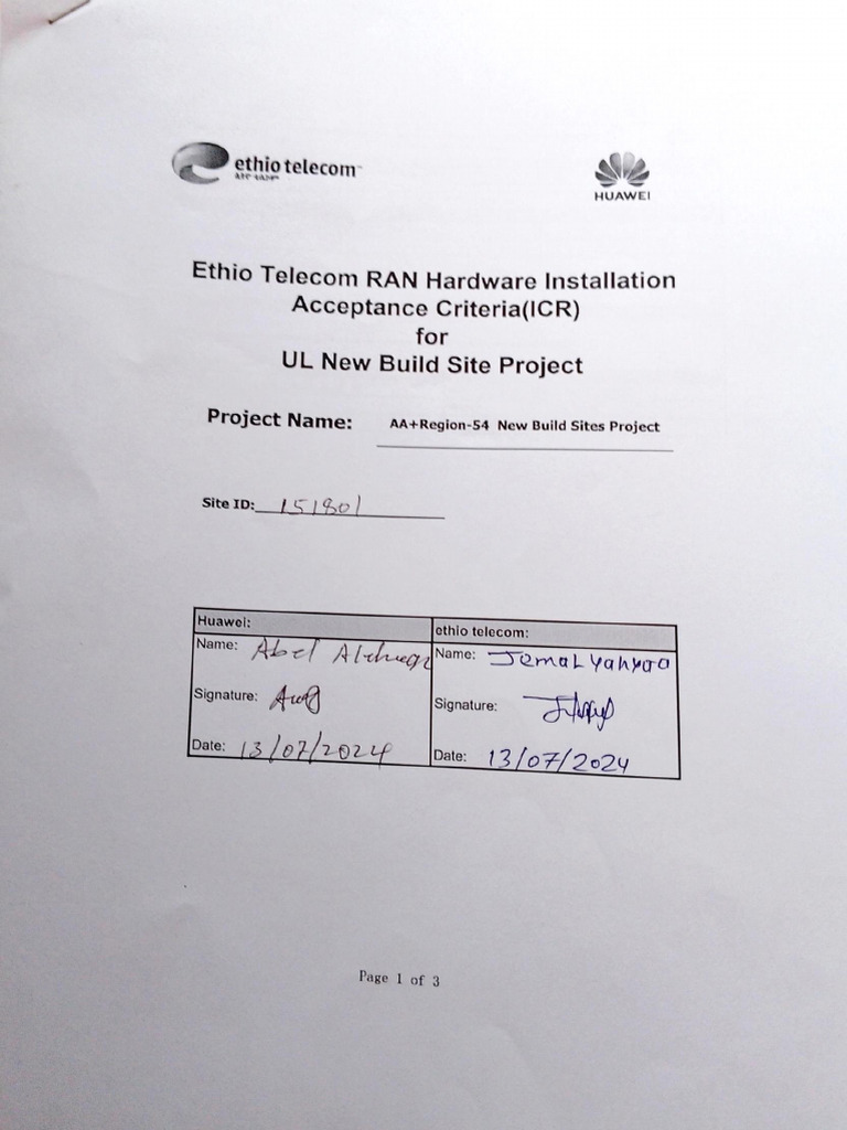 Ethio Telecom RAN Hardware Installation: Acceptance Criteria (ICR) UL ...