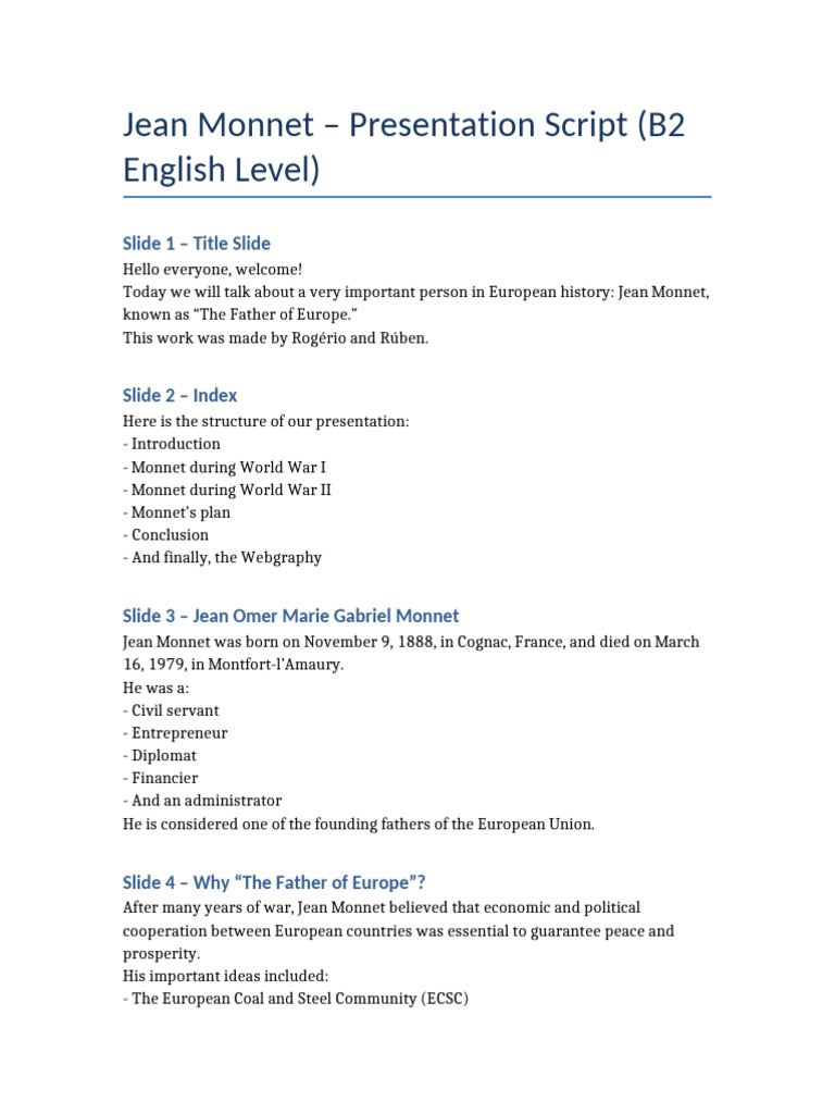 Jean Monnet Presentation Script B2 | PDF | European Union | European Integration