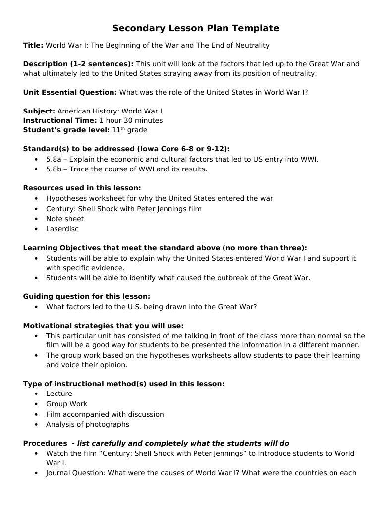 Beginning of WWI and American Neutrality Lesson Plan | Download Free ...