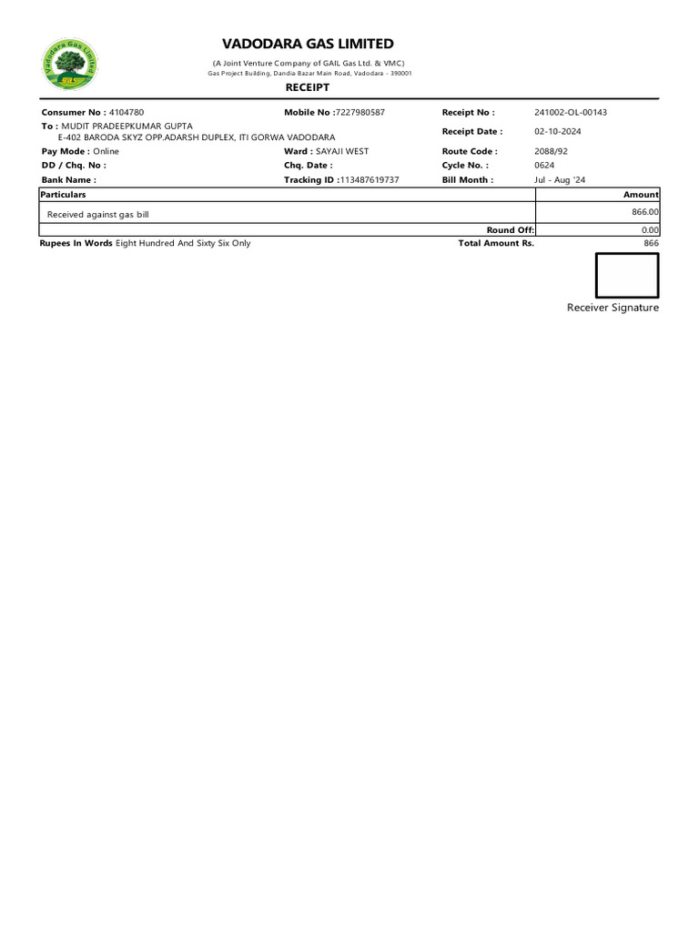 Vadodara Gas Bill Payment Receipt | PDF