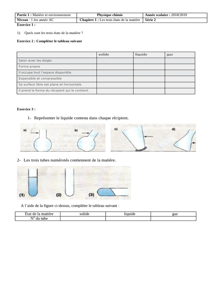 Exercices sur les états de la matière 6ème | PDF