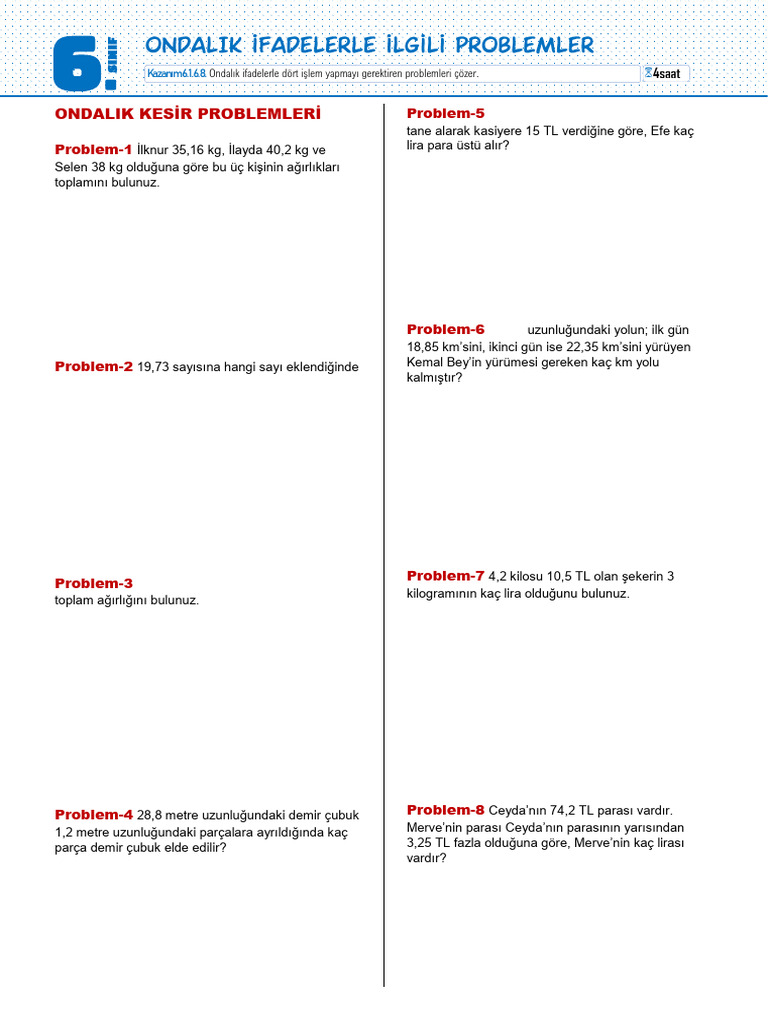 8 Ondalik Gosterimlerle Problemler | PDF
