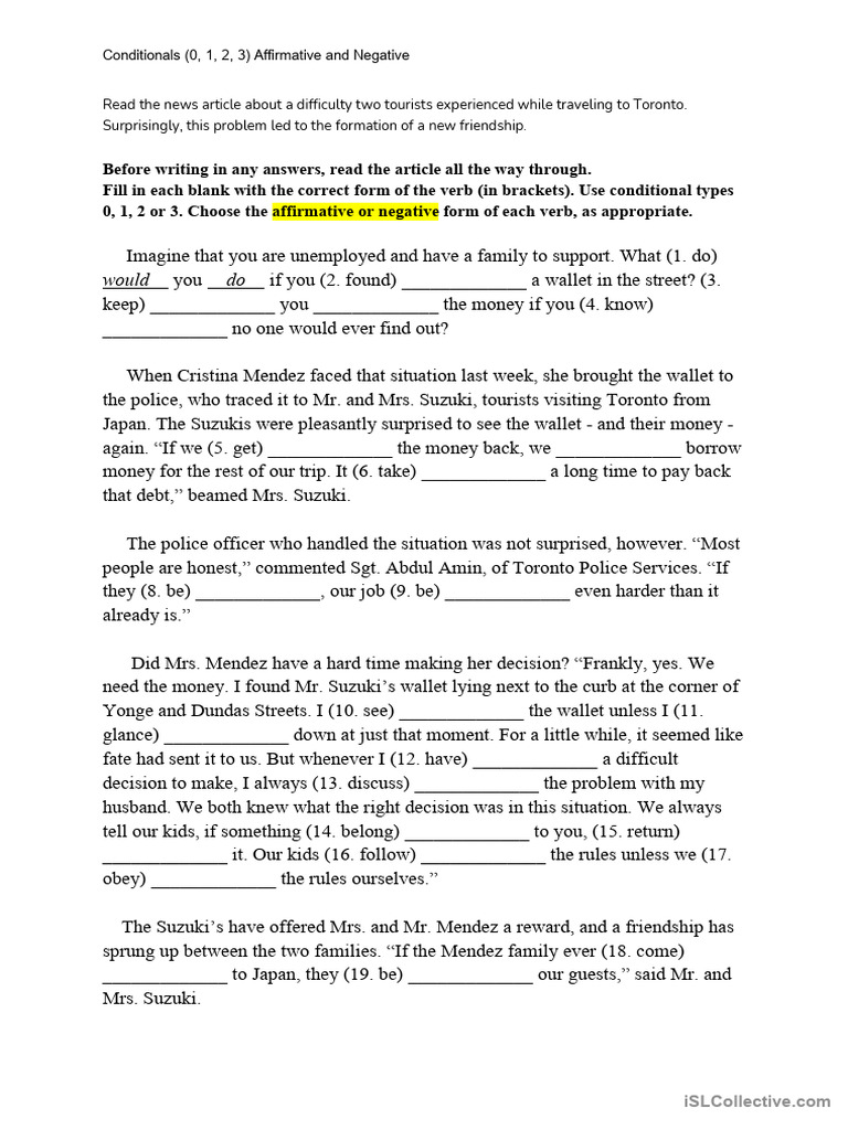 Conditionals (0, 1, 2, 3) Cloze News Article | PDF